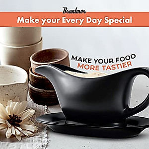Bruntmor 11 Oz Black Ceramic Gravy Boat With Tray, 11 Ounce Small Ceramic Serving Dish, Dispenser with Tray For Sauces, Dressing and creamer, Gravy Boat With Saucer For Thanksgiving And Christmas