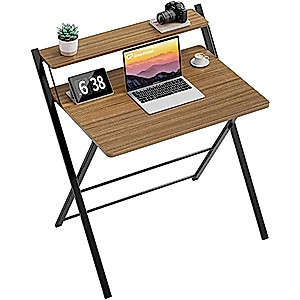 GreenForest Folding Desk No Assembly Required, Computer Desk with 2-Tier Shelf Foldable Table for Small Spaces Fully Unfold 32 x 24.5 inch, Espresso
