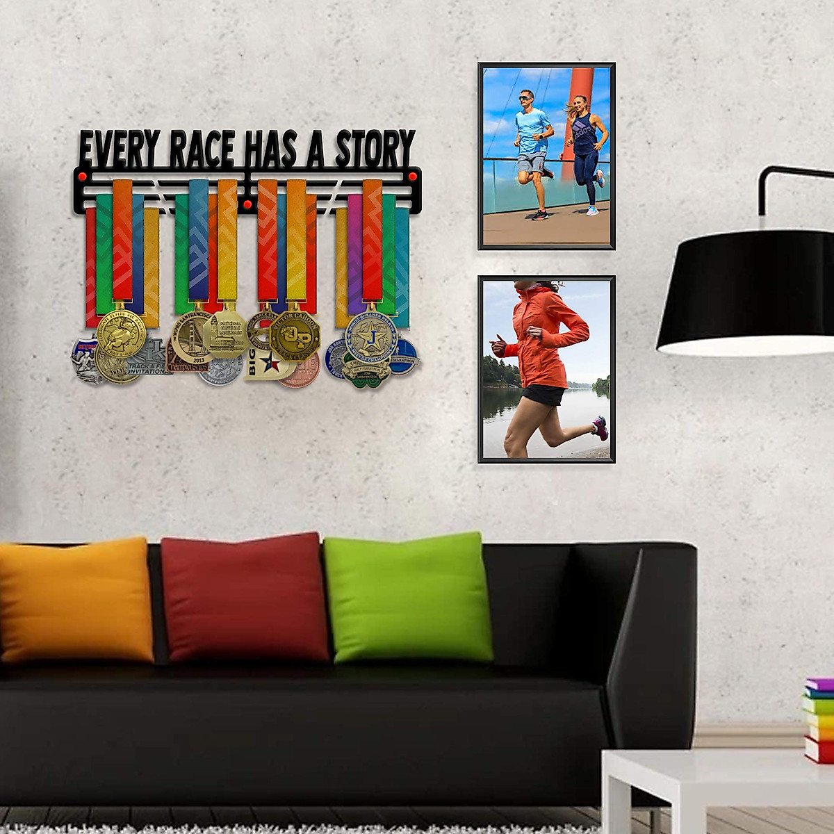 VICTORY HANGERS Evey Race Has a Story Medal Holder Display Rack - 3 Bars Black Coated 3 mm Steel Metal Hanger with Wall Mount Standoffs - 18 Inch Wide Holds 60 Medals or More