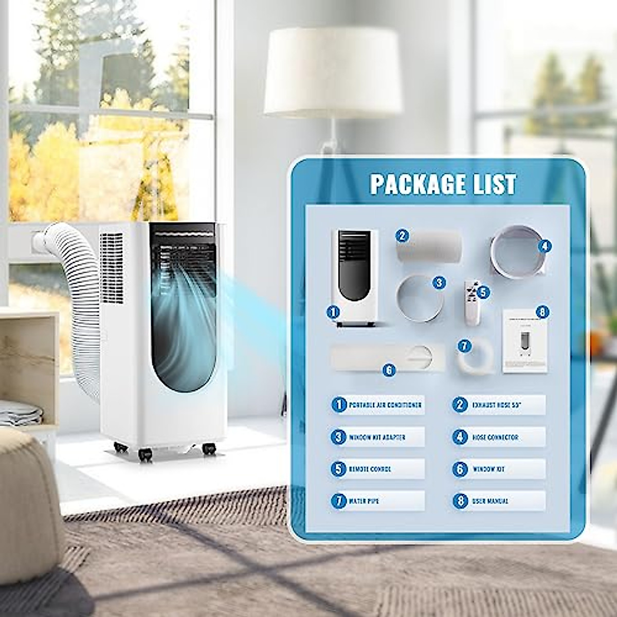 Portable Air Conditioner WANAI 8,000 BTU ASHARE Portable AC Unit, Built-in Dehumidifier & Fan Mode, Remote Control and Window Installation Kit Included, LED Display, for Home Office Garage Business