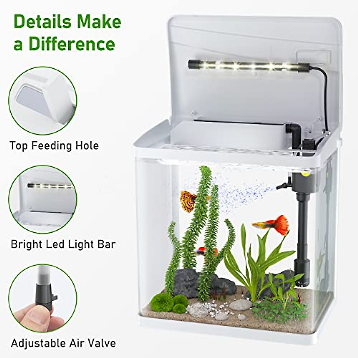 PONDON 8 Gallon Fish Tank, Glass Aquarium Starter Kit, Includes Filter and LED Lighting (White, 8Gallon)