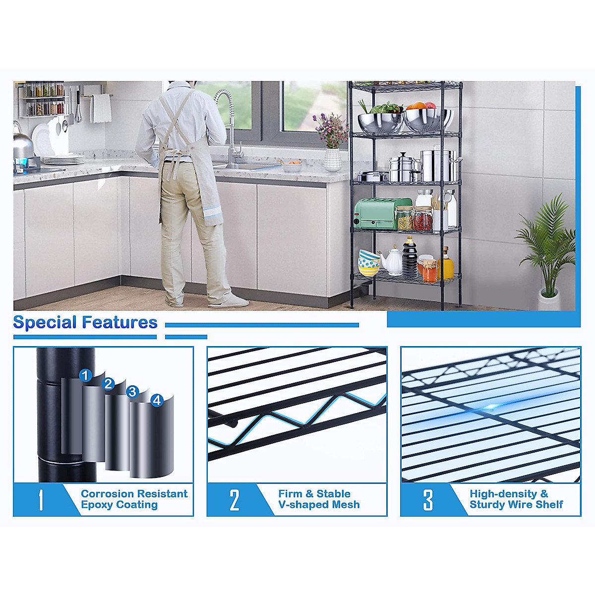 5-Tier Metal Wire Shelving Unit Snack Shelf Height Adjustable Storage Rack NSF Certified Storage Shelves 750 Lbs Capacity Standing Utility Shelf for Laundry Kitchen Pantry Garage Organization