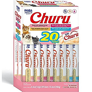 INABA Churu Cat Treats, Grain-Free, Lickable, Squeezable Creamy Purée Cat Treat/Topper with Vitamin E & Taurine, 0.5 Ounces Each Tube, 20 Tubes, Seafood Variety Box