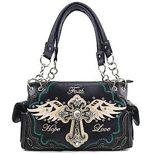 Justin West Cross Angel Wings Concealed Carry Handbag Purse (Black)