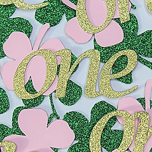 St. Patrick's Day Birthday - Shamrock Gold Glitter ONE Pink and Green Irish First Birthday Confetti - Lucky ONE - Four Leaf Clover - Little Leprechaun Party - Set of 275 Pieces