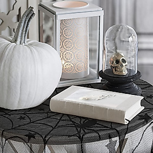 5 Pack Halloween Decorations Tablecloth Set, Black Lace Table Runner Round Spider Cobweb Table Cover Fireplace Mantel Scarf Spiderweb Lampshade with 48pcs Scary 3D Bat for Halloween Party Decor