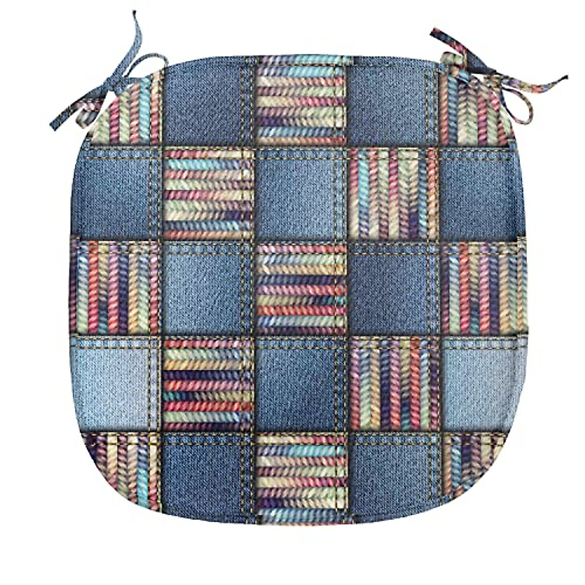 Lunarable Geometric Chair Seating Cushion Set of 2, Quilt Design with Scraps of Denim and Knit Graphic Colorful Melange Print, Seat Pads for Office with Anti-Slip Backing, 16"x16", Blue Multicolor