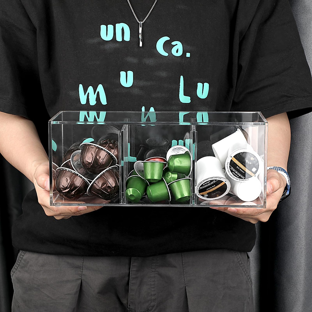 ELLDOO Coffee Pod Holder with Lid, Acrylic Coffee Pod Organizer for K Cup Espresso, 3-Compartment Tea Bags Sugar Packets Coffee Capsule Storage Holder for Home Coffee Bar Office Counter