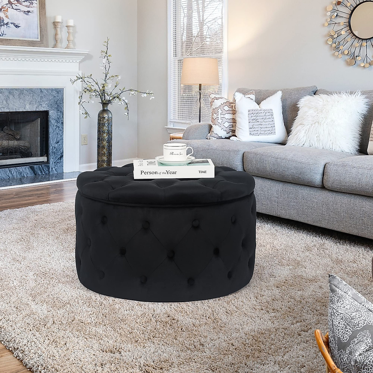 Homebeez 24.8" Round Velvet Storage Ottoman, Button Tufted Footrest Stool Coffee Table for Living Room, Black