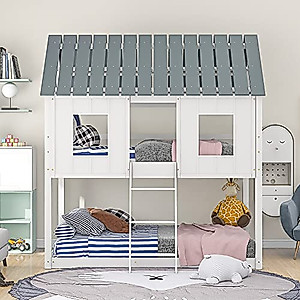 Polibi Twin-Over-Twin Wooden House Bed, Bunk Bed with Playhouse, Farmhouse, Ladder and Guardrails (White + Gray)