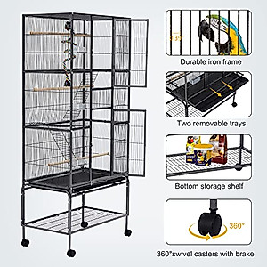 Kinpaw Large Flight Bird Cage - 70” Wrought Iron Bird House with Climbing Rope Bungee Birds Toy Rolling Stand Castors Feeding Bowl for Parrot Cockatiel Finch Pet Supplies Black…