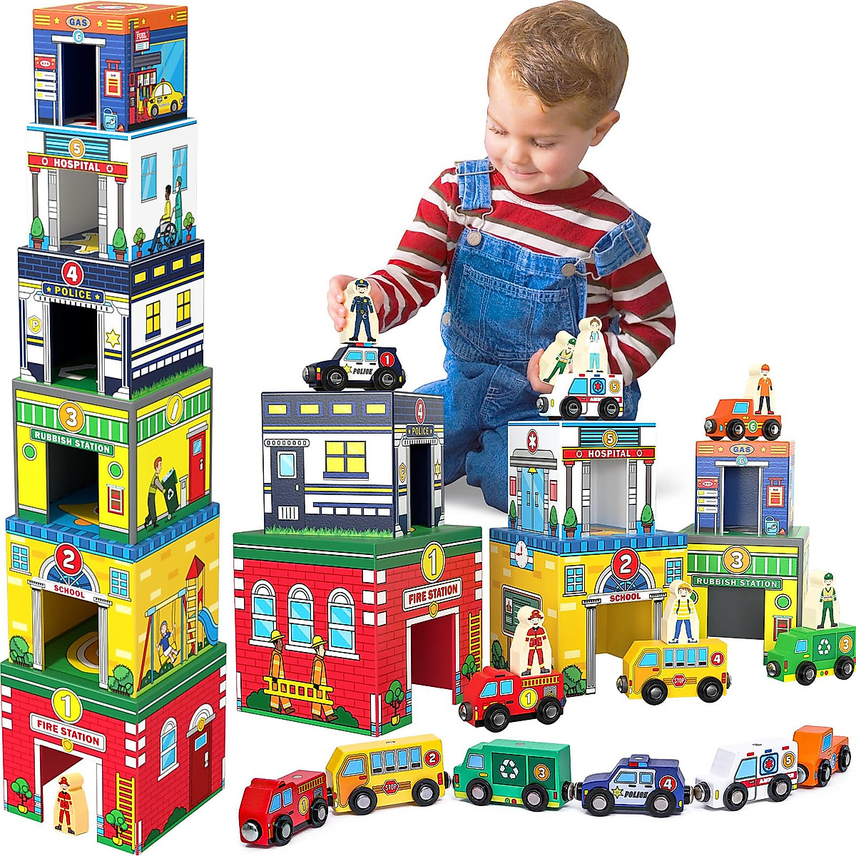 Atoylink Toddler Sorting and Stacking Toys with Magnetic Wooden Cars & Community Helpers, Baby Number Blocks Nesting Boxes Preschool Learning Montessori Toys for 1 2 3 Year Old Boys Girls Gift