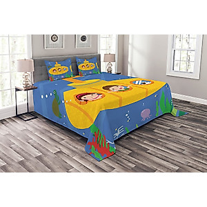 Ambesonne Yellow Submarine Bedspread, Cartoon Characters and Dog Puppy in Underwater Ship Colorful Nautical Art, Decorative Quilted 3 Piece Coverlet Set with 2 Pillow Shams, King Size, Multicolor