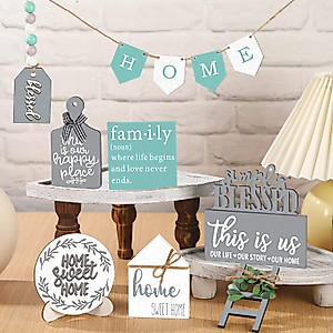 FairySandy 11 Pcs Farmhouse Tiered Tray Decor Home Wood Sign Rustic Simply Blessed Wooden Beads Tiered Tray Decorations Set for Home Kitchen Table