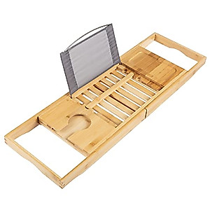 Bamboo Bath Caddy-Natural Wood Bathtub Tray with Extending Sides, Secure Cupholders and Water-Proof Book, Tablet, or Phone Holder by Lavish Home