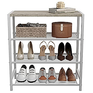 COZYFUN Industrial Shoe Rack 4-Tier Metal Shoe Storage Organizer, Shoe Storage Shelves with Stable Metal Frame, Small Shoe Organizer Shelf for Hallway, Closet, Entryway, Living Room (White)