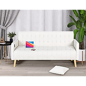 TYBOATLE 57“ W Mid-Century Striped PU Leather Loveseat Sofa w/ 2 USB Charging Ports, Modern Love Seats Couch w/Pillow for Small Space, Living Room, Office, Apartment, Dorm (White)