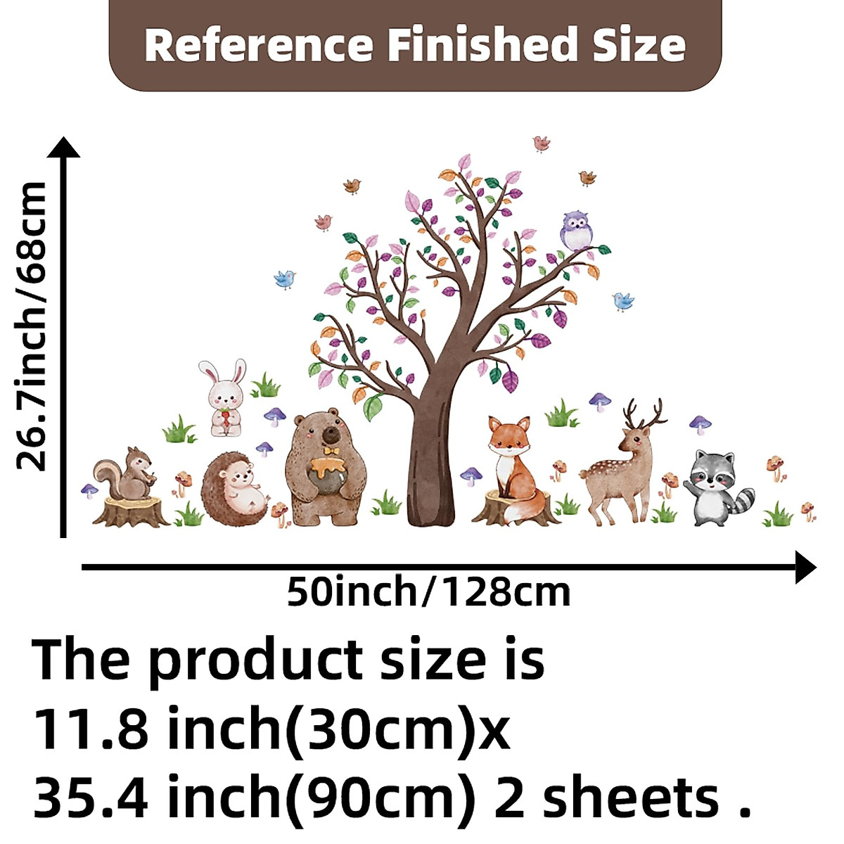 Suplanet Woodland Animals Wall Decals Tree Wall Stickers Fox Squirrel Deer Hedgehog Rabbit Bear Owl Raccoons Wall Decor for Boys Bedroom Baby Nursery Kids Bedroom Living Room