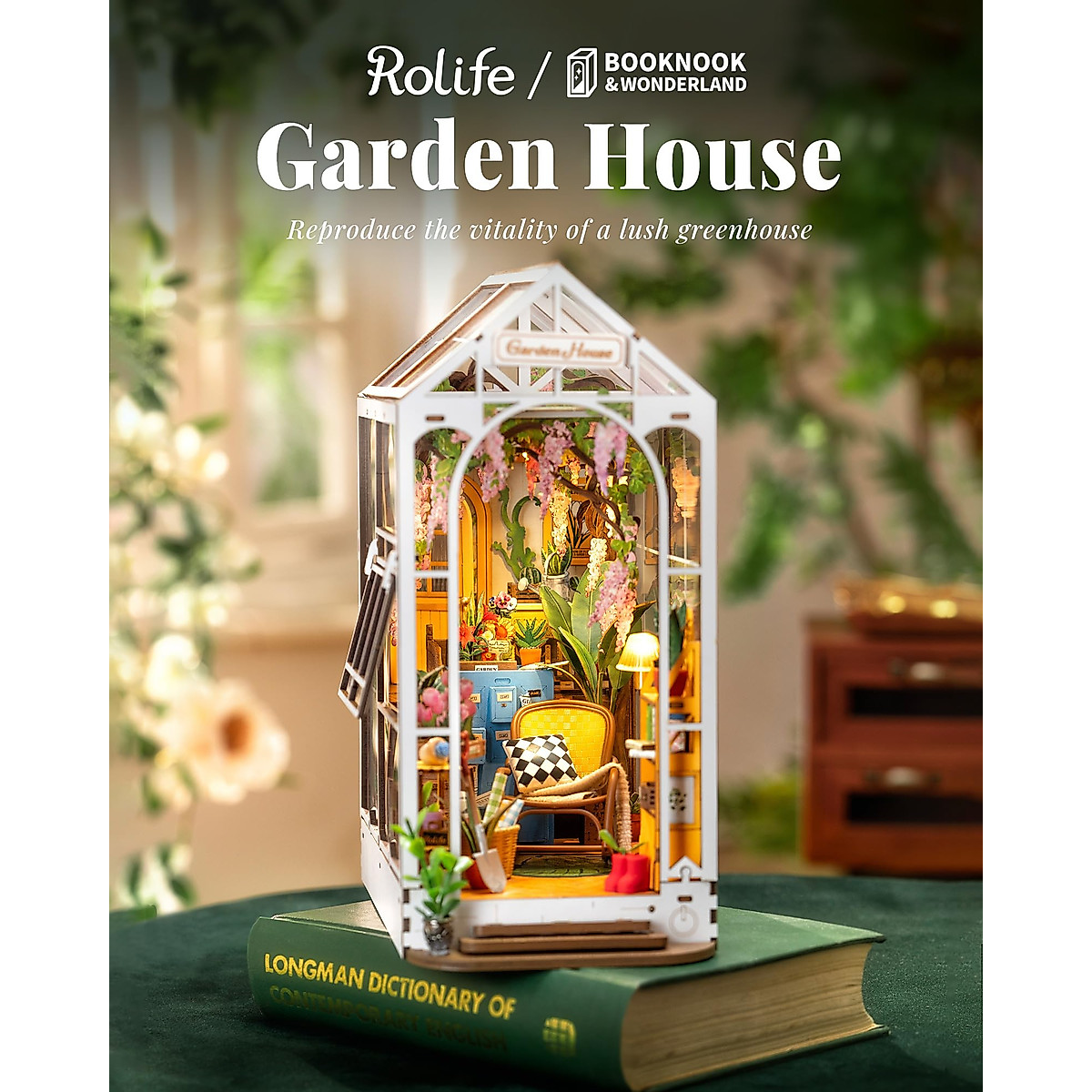 Rolife DIY Book Nook Kit Wooden 3D Puzzle Bookends 9.5" Garden House Miniature Kit with LED Bookshelf Decor Arts and Crafts for Adults Family Project Hobby Creative Gifts for Girls Boys Christmas