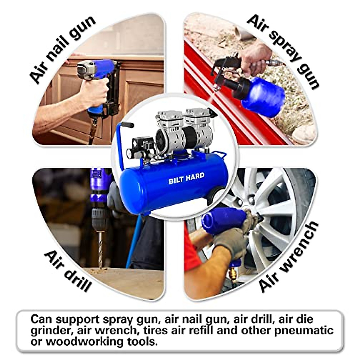BILT HARD Ultra Quiet Air Compressor 8 Gallon, Oil-Free, Electric Shop Air Compressor Portable, CSA Certified Blue