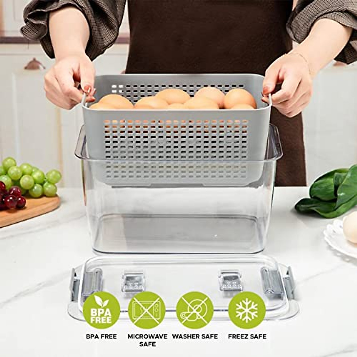 SPEARS OULET MALL | 3 in 1 Fruit Containers for Fridge | Multifunctional Draining Crisper with Strainers | BPA free Plastic Fridge Storage Containers | Food, Fruits & Vegetables Containers with Vents
