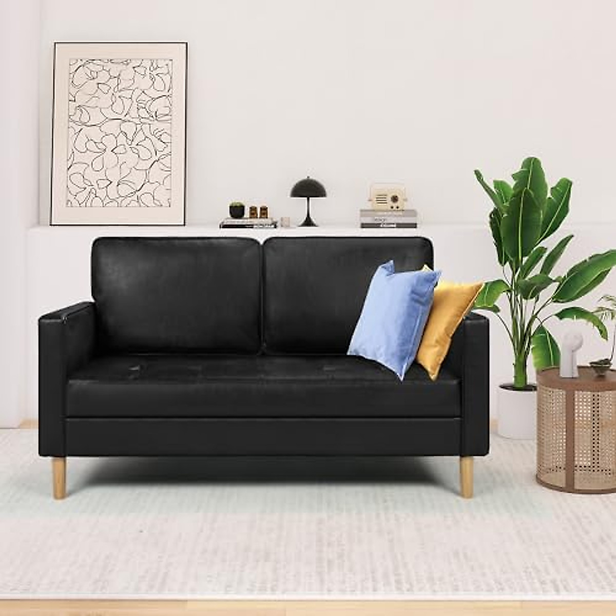 AILEEKISS 57'' Modern Loveseat Sofa Mid-Century Faux Leather 2-Seat Sofa Couch Upholstered Love Seats with Pillows for Living Room, Bedroom, Office, Small Space (Black 02)