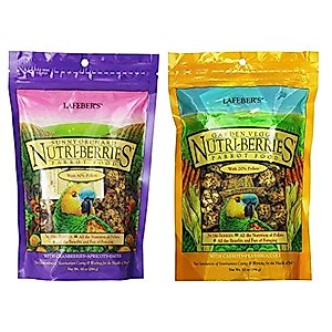 LAFEBER'S Nutri-Berries Parrot Food 2 Flavor Variety Sampler Bundle, (1) Each: Sunny Orchard with Cranberries Apricots Dates, Garden Veggie with Carrots Peas Broccoli (10 Ounces)