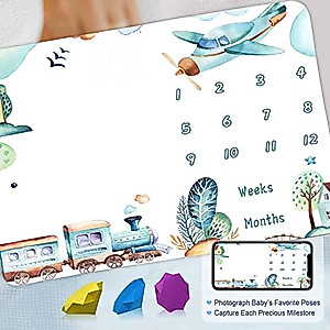 Airplane and Train Baby Monthly Milestone Blanket for Boy, Baby Blanket with Month Marker Frame, 48x40in, 1-12 Months Milestones, for Baby Showers and Newborn