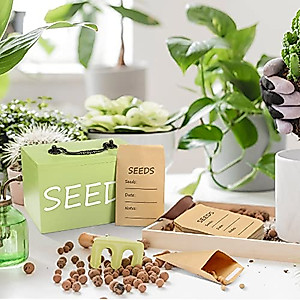 Seed Storage Box Organizer with 20 Pcs Resealable Self Stick Paper Seed Envelopes Wooden Compact Seed Packet Container with Lid Green Seed Storage Organizer Box Seed Packet Organizer