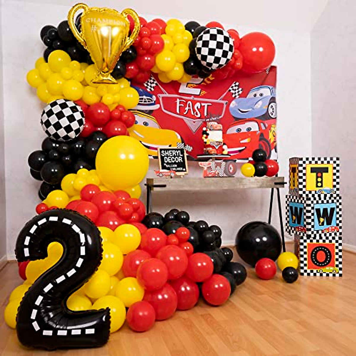 100pcs, EASY DIY – Cars Balloon Garland Kit & Arch with BONUS Trophy & Number 2 - Race Car Balloons for Lightning McQueen Race Car Birthday Party Supplies & Boy Cars Theme Birthday Party Decorations