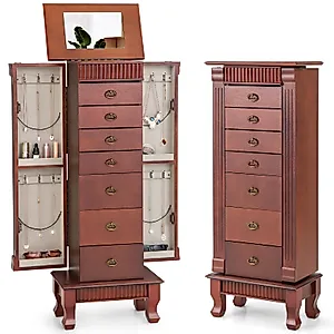 Giantex Standing Jewelry Armoire Cabinet Storage Chest with 7 Drawers, 2 Side Doors, 12 Necklace Hooks, Makeup Mirror and Top Divided Storage Organizer, Large Standing Jewelry Armoire