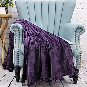 BYTIDE Pom Pom Throw Blankets Couch Cover Flannel Fleece Throw with Pompom Fringe Tassels, Plush Fluffy Cozy Warm Soft Lightweight Throw for Couch Sofa Bed Chair, 60" x 80", Dark Purple