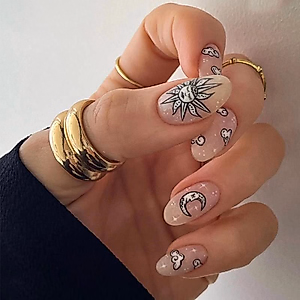Press on Nails Short Moon Clouds with Designs Nude Glossy Fake Nails Full Cover Glue on Nails Acrylic Nails False Nails Nail Decorations for Women Girls
