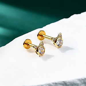 COCHARM 14K Gold Cartilage Earring Stud Yellow Gold 16g Flat Back Cartilage Stud 14K Solid Gold Push in Cartilage Piercing Stud Cat Labret Stud Gold Medusa Studs