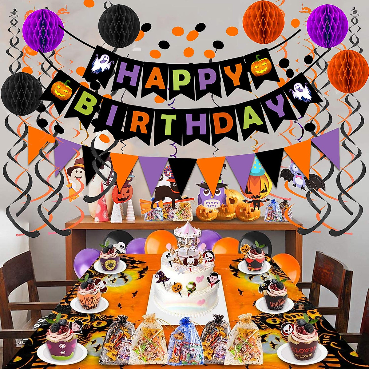 Happy Birthday Banner Paper Triangle Flag Bunting Circle Confetti Dots Hanging Garland Honeycomb Ball Swirl Streamers for Halloween theme party Birthday party Decoration