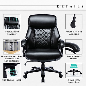 COLAMY Big and Tall Office Chair 400lbs, Heavy Duty Wide Desk Chair with Extra Wide Seat, High Back Leather Computer Executive Chair-Diamond Black