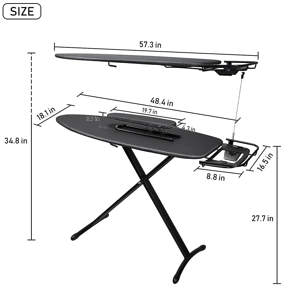 Duwee Steel Top Extra Wide Ironing Board with Sleeve Board and Adjustable Iron Rest, Luxury Foldable Ironing Boards with 10 mm Thicken Feltpad and Cover, Adjustable Height,18"x48"
