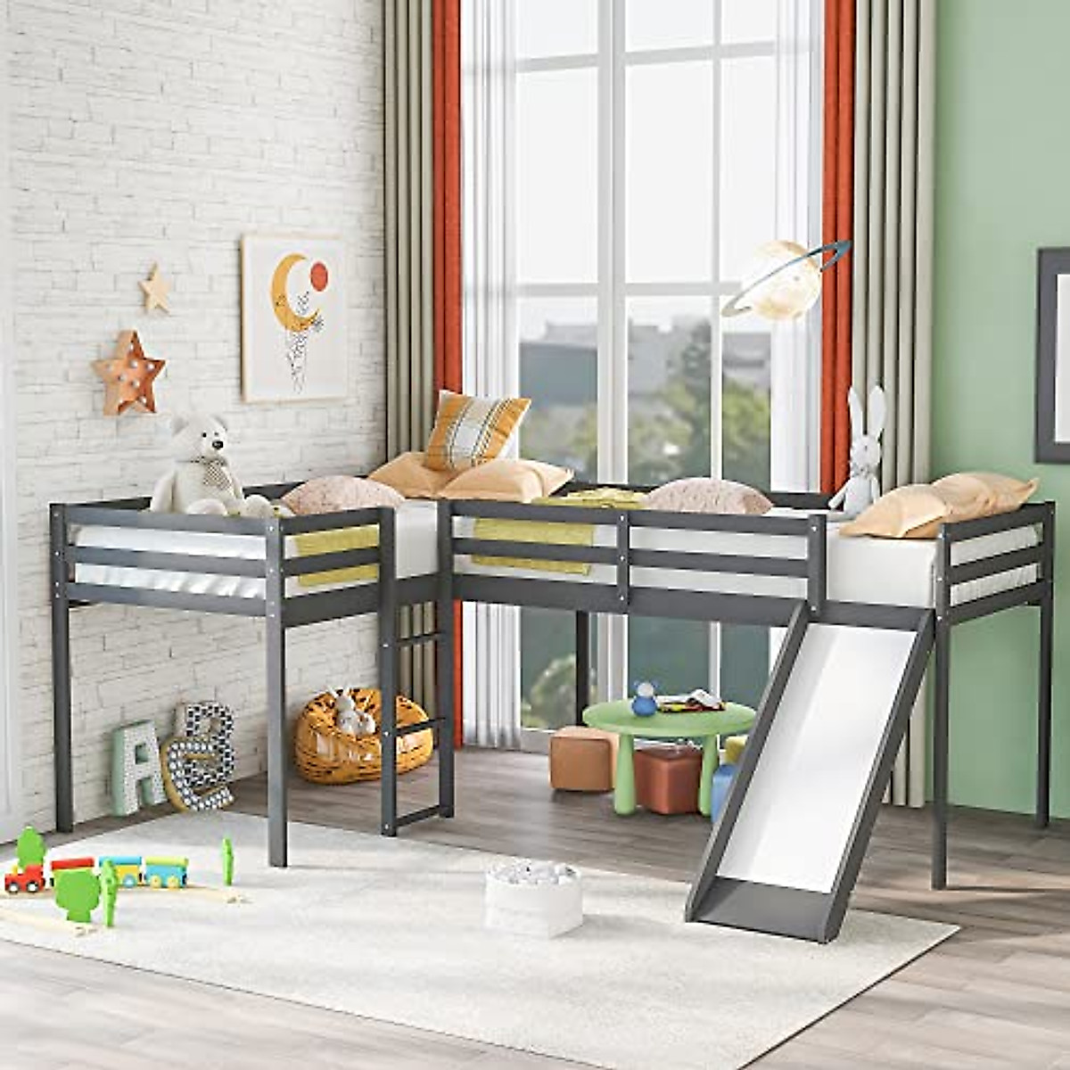 Myshle Twin Loft Bed for Kids, L-Shape Loft Beds with Slide,Low Loft Bed Frame Corner Bunk Bed Wooden Loft Bed for Girls Boys Teens,Gray