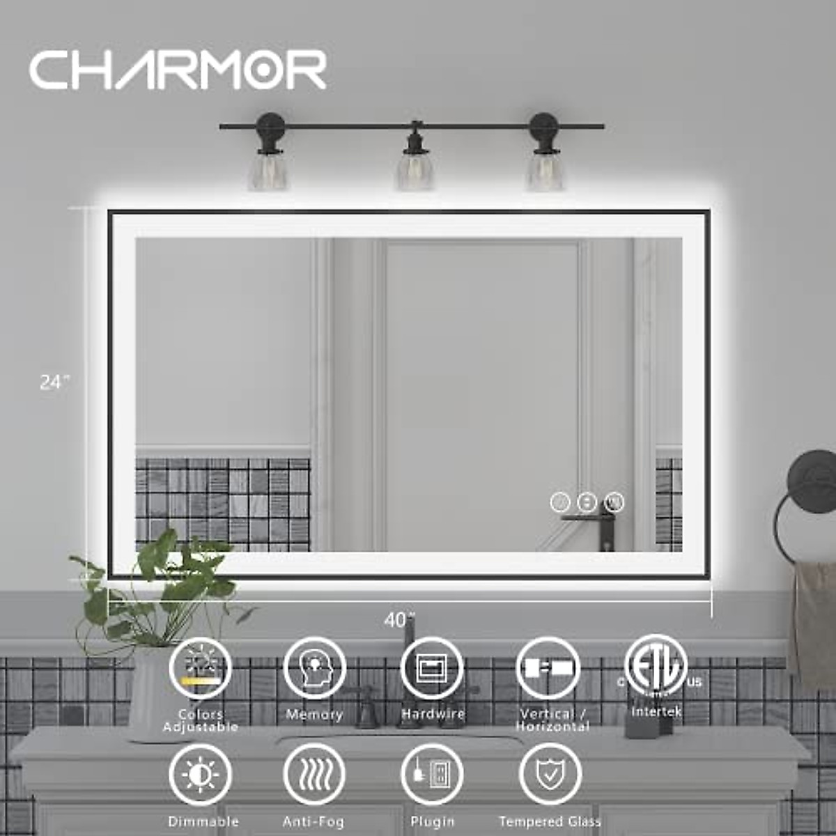 CHARMOR 40x24 LED Bathroom Mirror with Lights, Dimmable Framed Bathroom Vanity Mirror, Backlit and Front Lighted, Anti-Fog (Horizontal/Vertical)