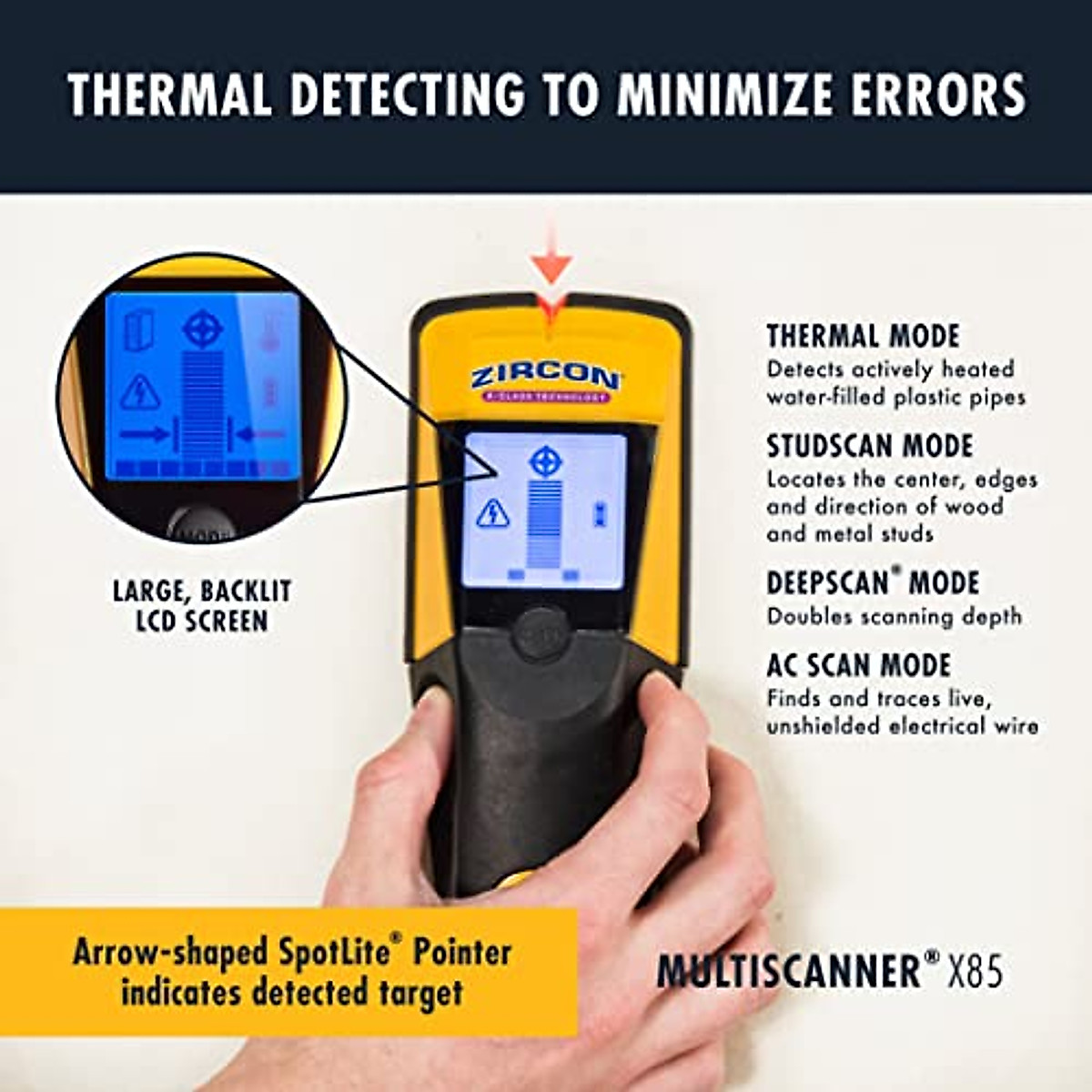 Zircon x85 Center Finding Stud Finder with AC Live Wire Detection and Thermal Wall Scanner for Detecting Water-Filled PEX Tubing up to 2 inches Deep