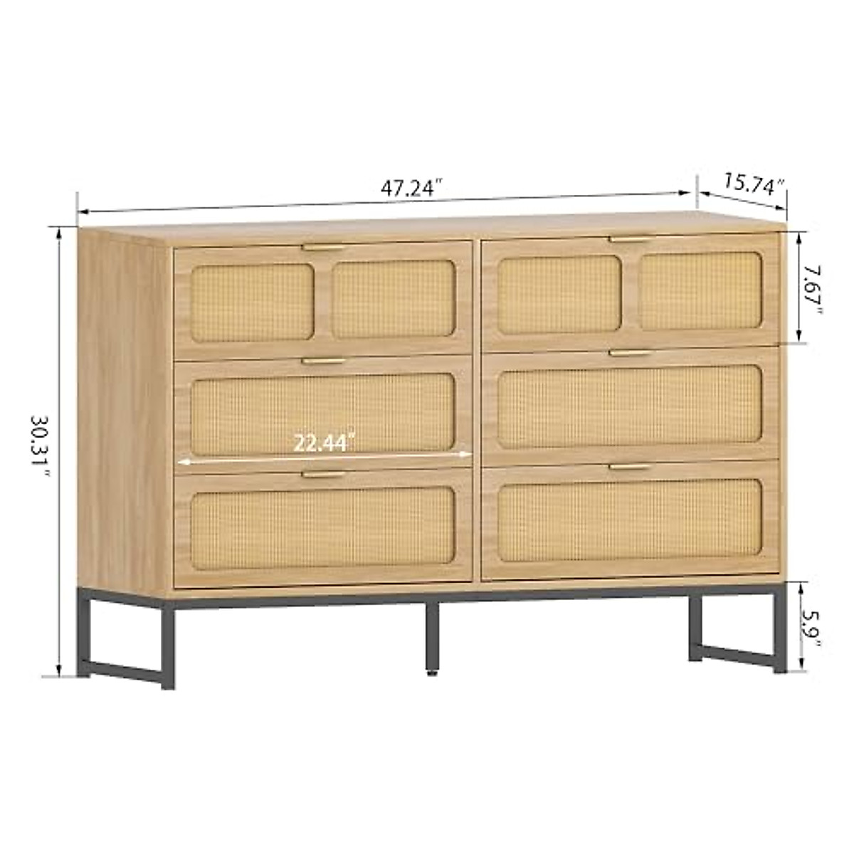 Fiogmub Rattan 6 Drawer Dresser, Chest of Drawers，Modern Mid Century Closet Storage Wood Bamboo Furniture Accent Storage Cabinet Bedroom Living Room Dining Room