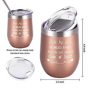 Friends Wine Tumbler Set of 4, Side By Side or Miles Apart Friends Are Always Close at Heart Wine Tumbler for Long Distance Friendship, 12 Oz Stainless Steel Insulated Wine Tumbler with Lid and Straw