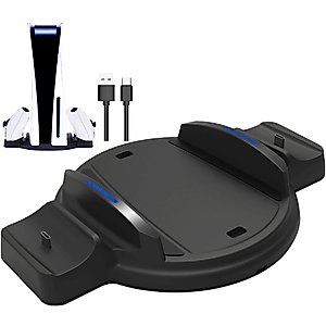 PS5 Stand, PS5 Vertical Stand for PS5 Console Disc & Digital Edition, Dualsense Charging Station Dock for Sony Dual PS5 Controllers witch LED Indicator and USB Type C Charger Cord - Black
