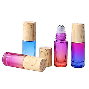 5pcs 5ml(1/6 oz) Essential Oil Roller Bottles,Metal Roller Balls Colorful Gradient Oils Roll on Bottles with Wood Grain Cap Glass Empty Refillable Fragrance Perfume Essential Oil Glass Roller Bottles