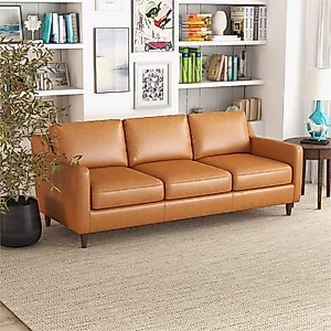 ASHCROFT Madison Mid Century Modern Furniture Genuine Leather Couches in Cognac Tan