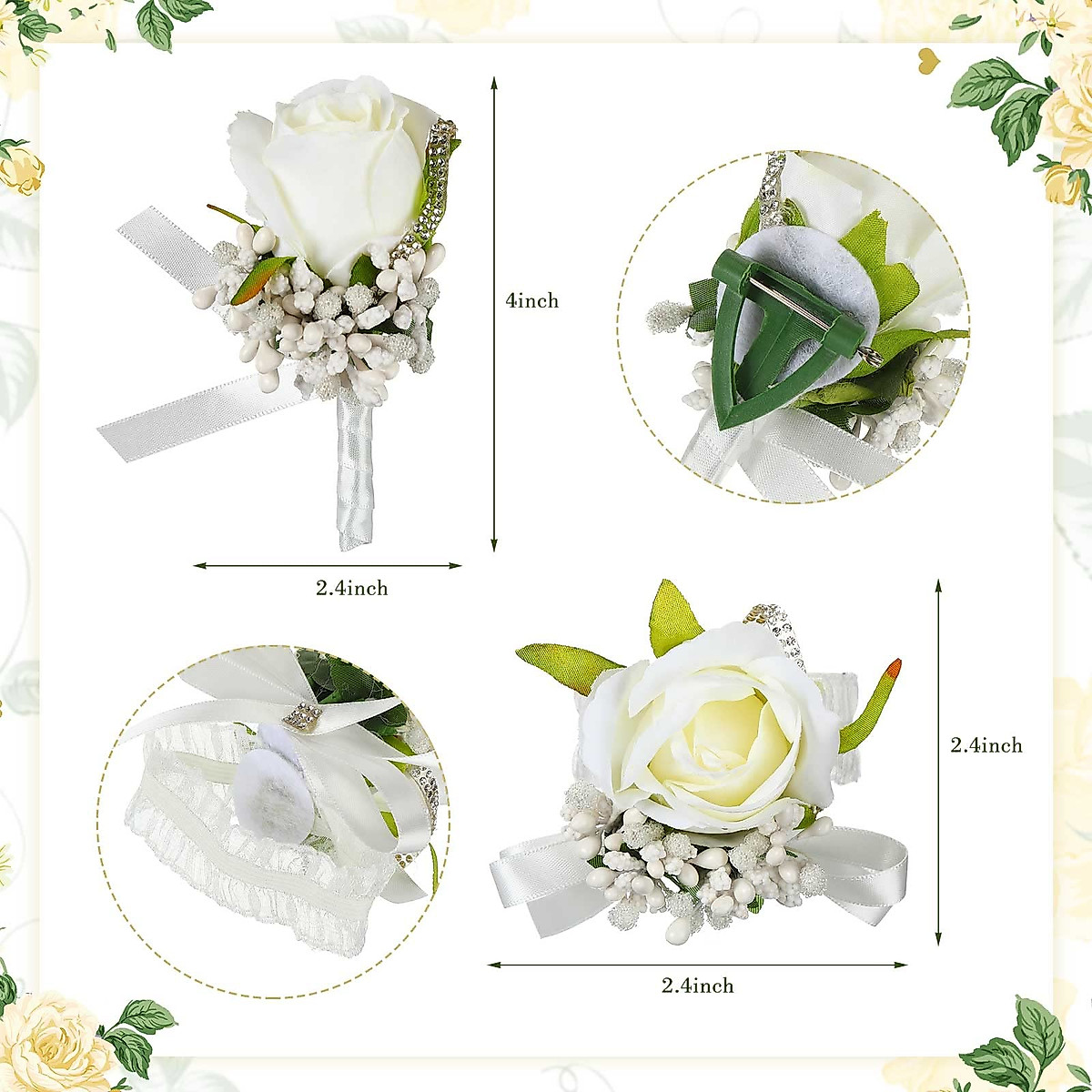 Geosar 12 Pcs Wedding White Corsage and Boutonniere Set for Bride, Bridesmaid, Includes 6 Artificial Corsage Wristlet and 6 Boutonniere for Men Wedding Wrist Corsage Rose Prom Suit Decorations