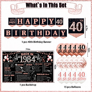 Cocomigo 40th Birthday Decorations Woman, 1984 40th Birthday Banner, Rose Gold 40th Birthday Decorations 40th Birthday Sash 40th Birthday Balloons Hanging Swirls 40th birthday decorations