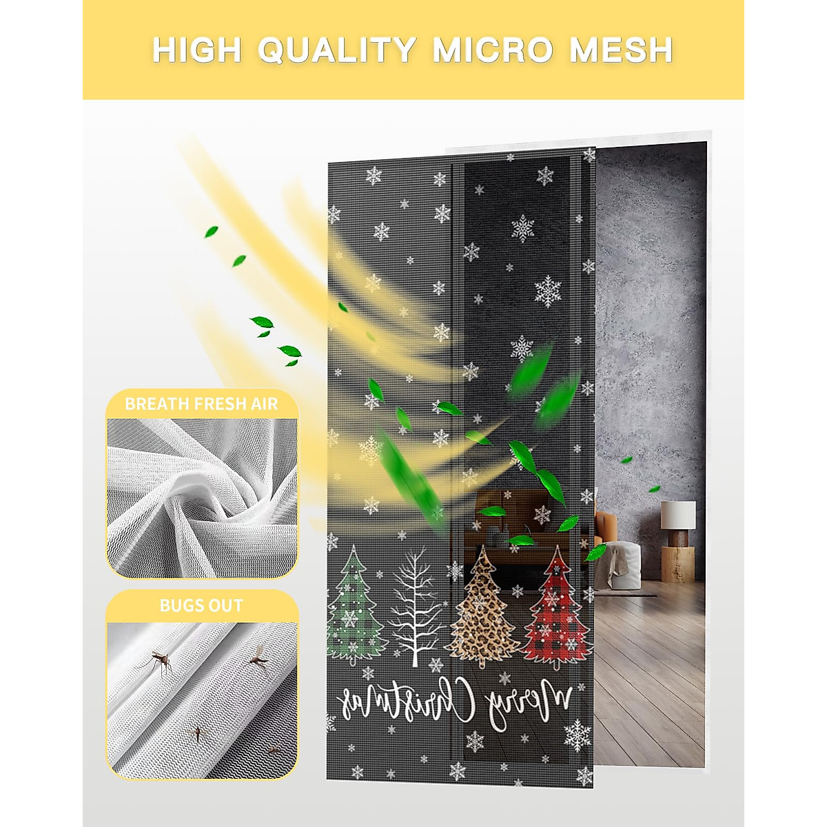 OComster Black Christmas Tree Magnetic Screen Door, Xmas Tree Winter Snowflake Hands Free Screen Mesh Size 38" x 83", Reinforce Heavy Duty Mesh Screen Doors for Patio/Front/Sliding Door