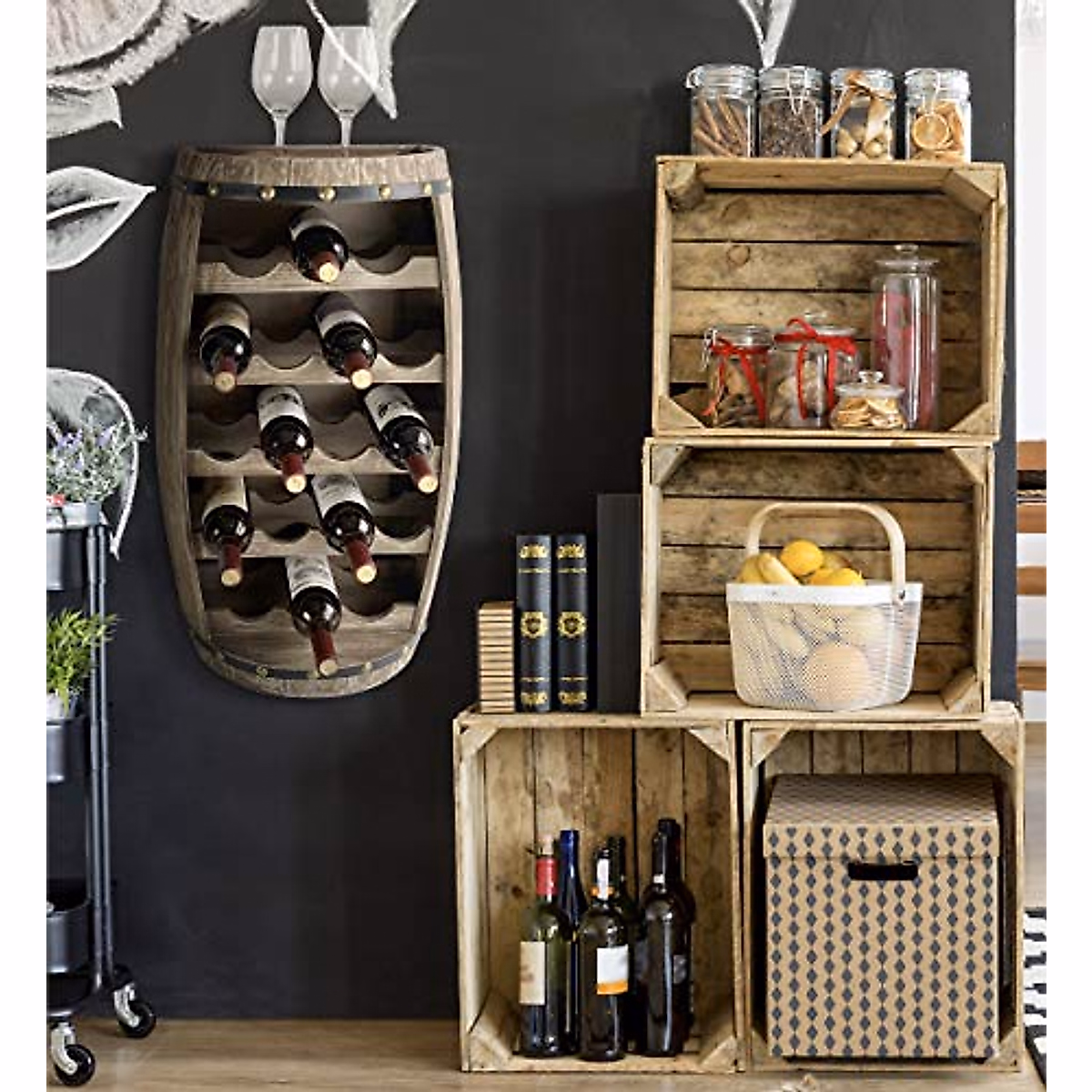 CoTa Global Modern Alexander Wall Mounted Wine Rack - 18 Wine Bottles Freestanding Wooden Barrel Wine Holder, Hanging Bottle Rack or Floor Stand, Wine Storage Shelf Organizer for Wine Bar, Home Décor