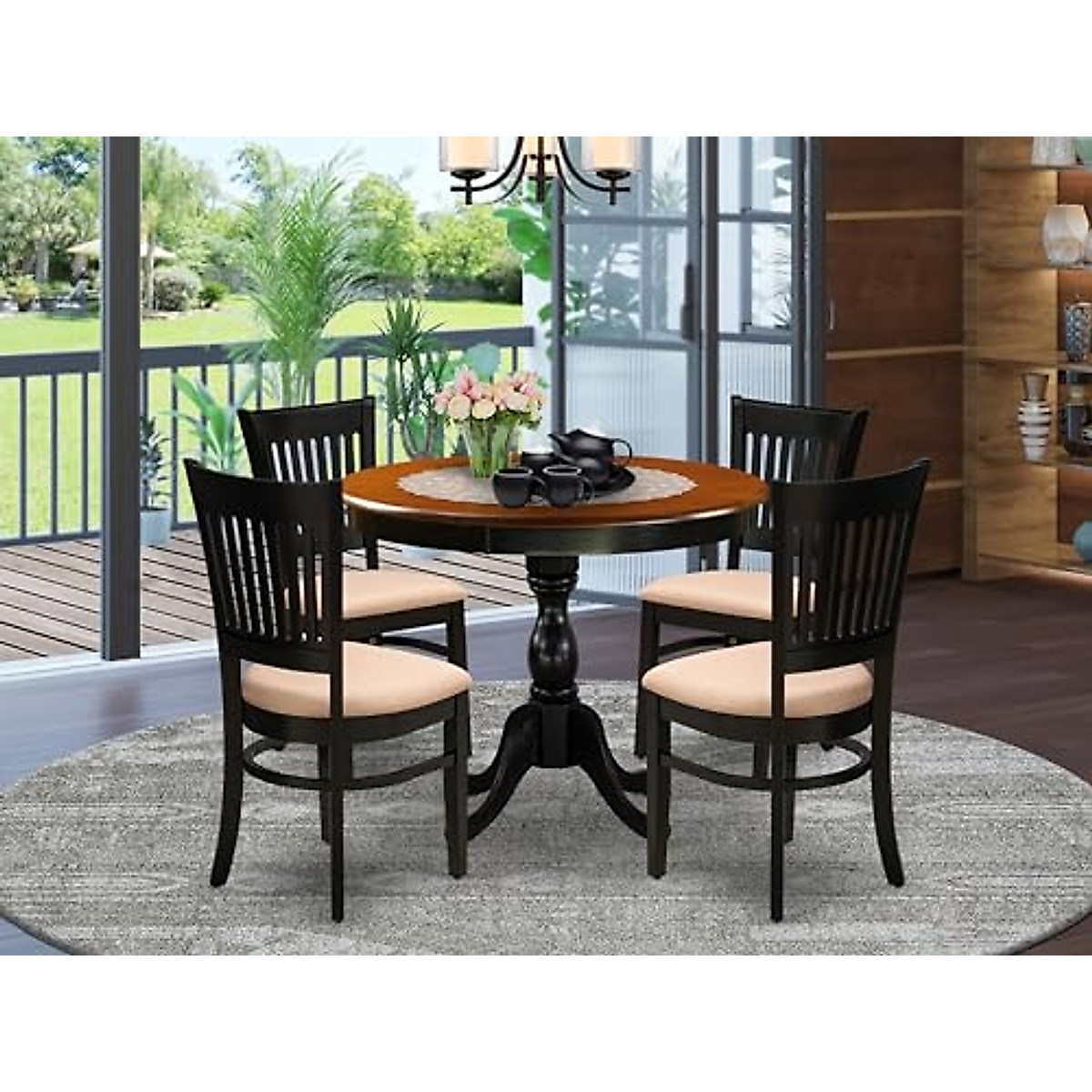East West Furniture AMVA5-BCH-C 5 Piece Kitchen Table Set for 4 Includes a Round Dining Room Table with Pedestal and 4 Linen Fabric Upholstered Dining Chairs, 36x36 Inch, Black & Cherry